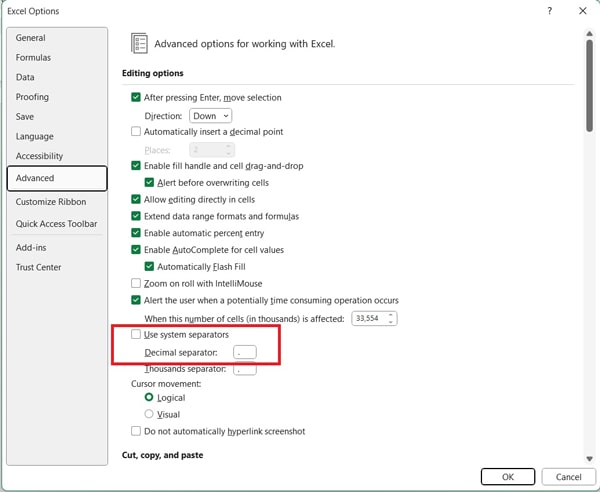 نمایش نقطه به جای ممیز در اکسل - پویش پایدار